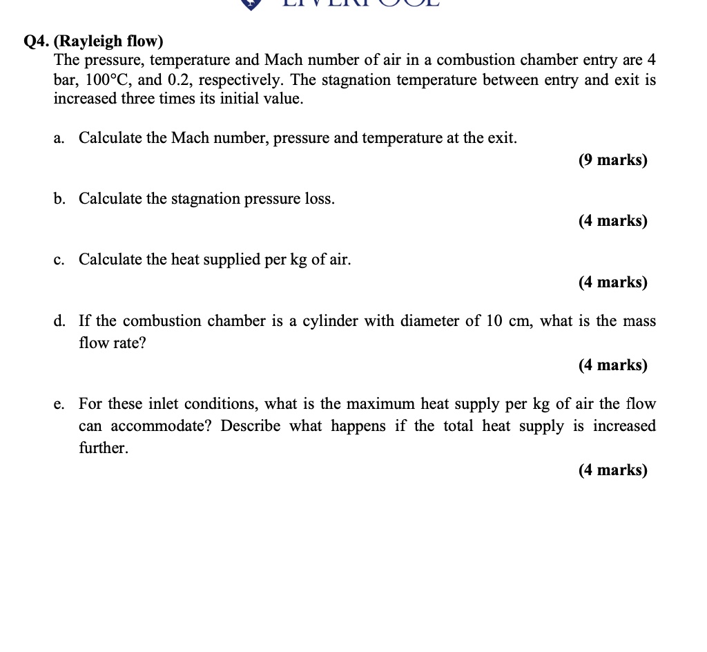 Solved Q4. (Rayleigh flow)\\nThe pressure, temperature and | Chegg.com