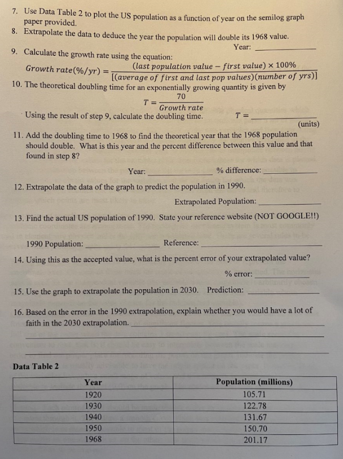 Solved 7. Use Data Table 2 to plot the US population as a | Chegg.com