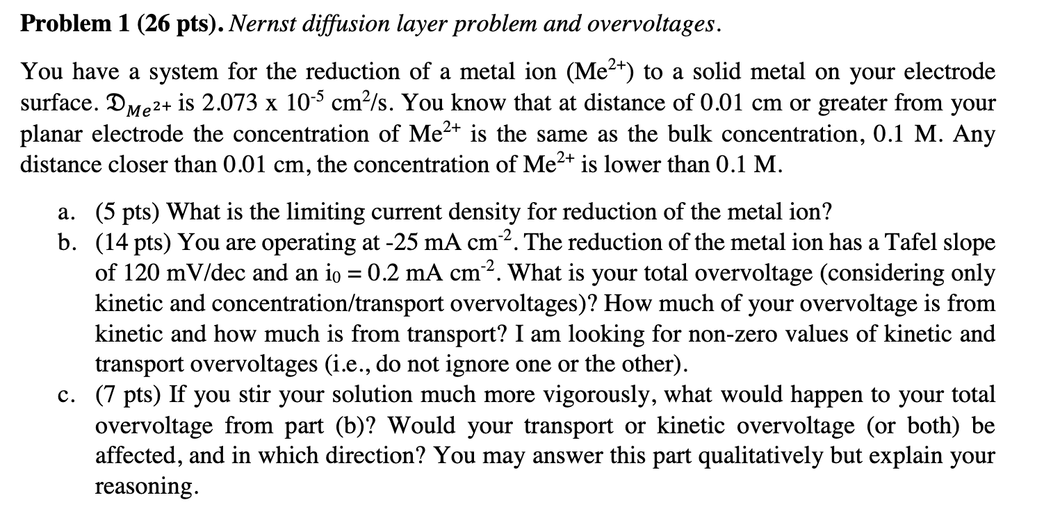 Solved Problem 1 (26 pts). Nernst diffusion layer problem | Chegg.com