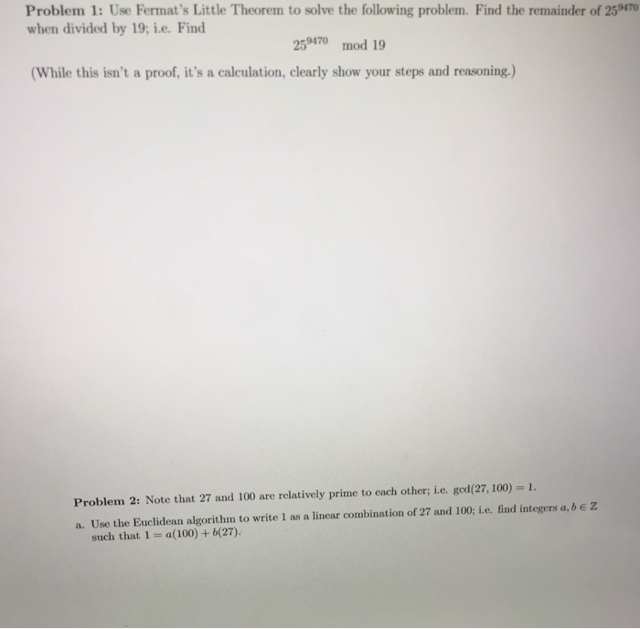 Solved Problem 1: Use Fermat's Little Theorem to solve the | Chegg.com