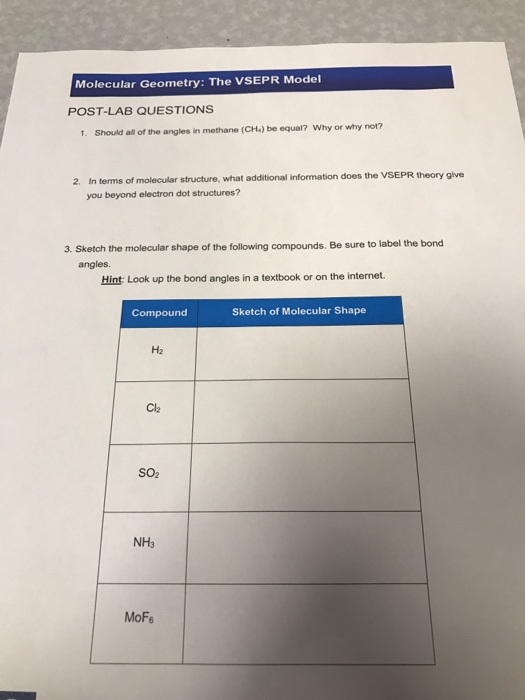 Solved Molecular Geometry: The VSEPR Model POST-LAB | Chegg.com