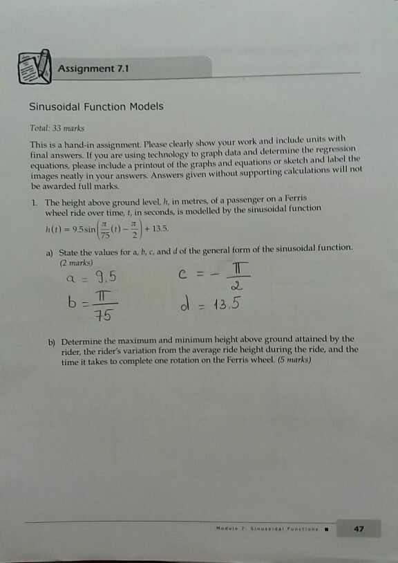 Solved Assignment 7.1 Sinusoidal Function Models Total: 33 | Chegg.com