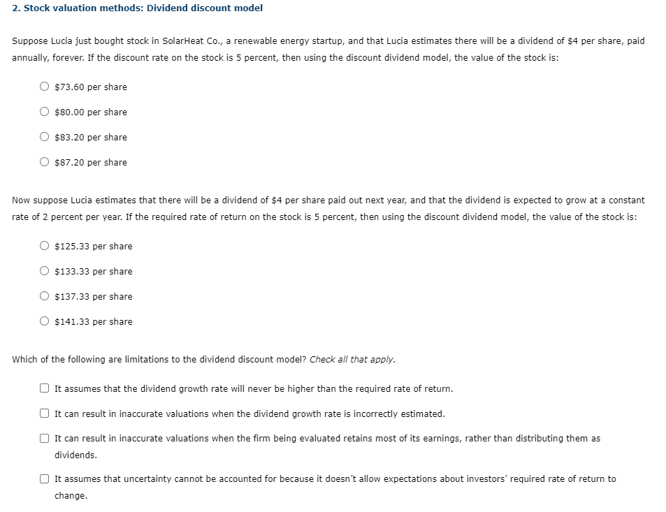 Solved 2. Stock valuation methods: Dividend discount model | Chegg.com