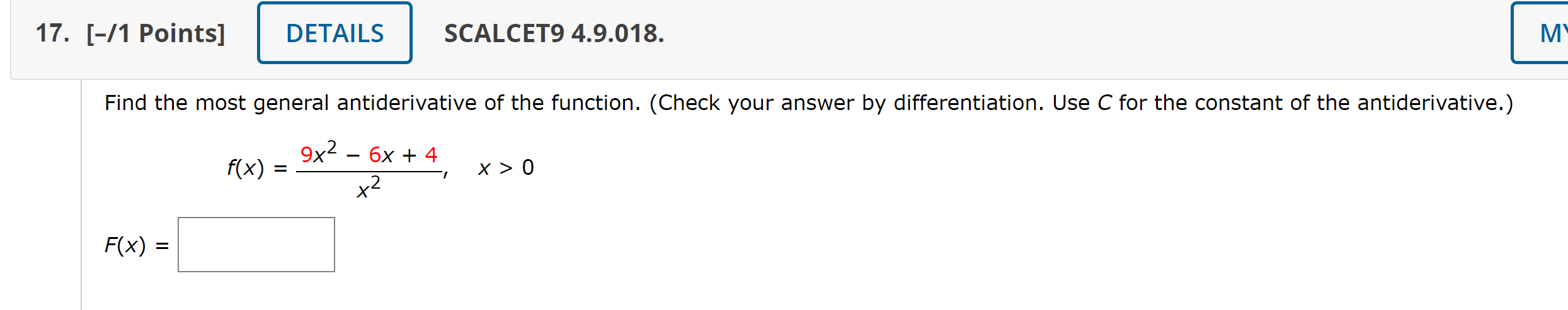 Solved [-/1 Points] SCALCET9 4.9.018. Find the most general | Chegg.com
