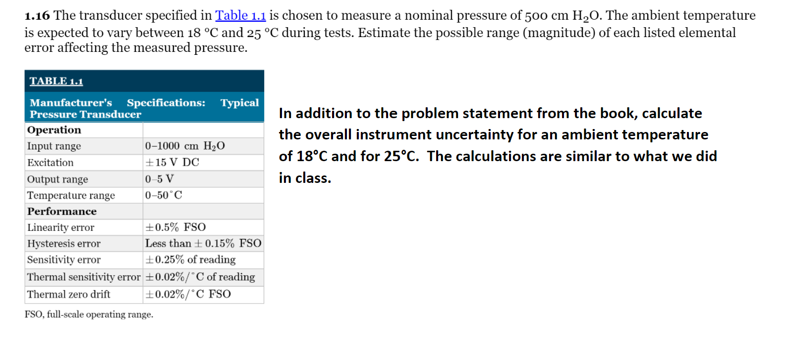 Solved 1.16 The transducer specified in Table 1.1 is chosen | Chegg.com