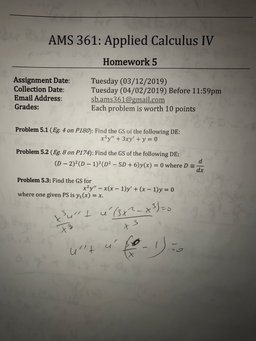Solved AMS 361: Applied Calculus IV Homework 5 Assignment | Chegg.com