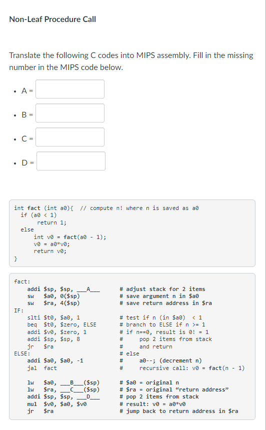 Solved Non Leaf Procedure Call Translate The Following C 