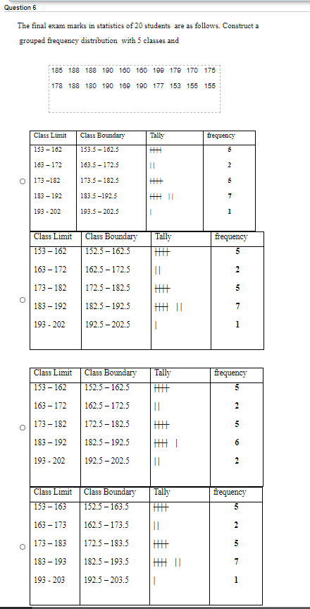Solved Question 6 The final exam marks in statistics of 20 | Chegg.com
