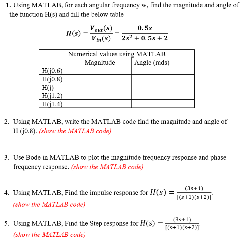 Solved 1. Using MATLAB, for each angular frequency w, find | Chegg.com