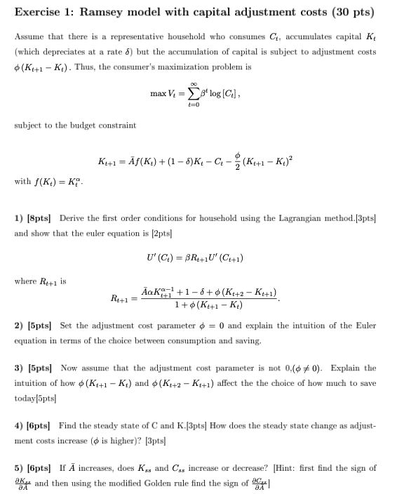 Exercise 1: Ramsey model with capital adjustment | Chegg.com
