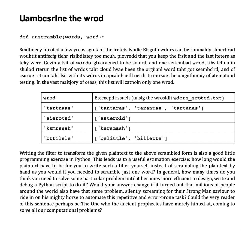 Solved def unscramble(words, word): Smdboeoy nteoicd a few | Chegg.com