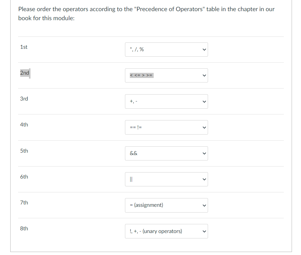 Solved Please order the operators according to the | Chegg.com