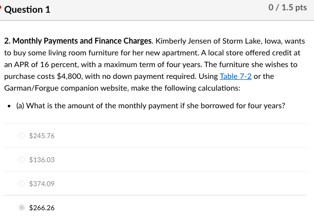 Solved Question 1 0 / 1.5 pts 2. Monthly Payments and | Chegg.com