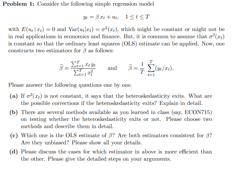 Solved Problem 1 Consider The Following Simple Regression 7015