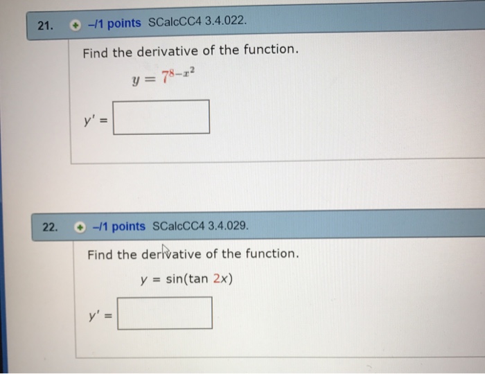 Solved 17. -/1 points SCalcCC4 3.4.007. Find the derivative | Chegg.com Solved 17. -/1 points SCalcCC4 3.4.007. Find the derivative | Chegg.com