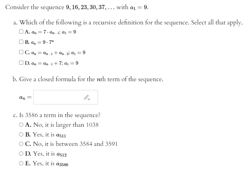 Solved Consider the sequence 9, 16, 23, 30, 37, ... with Q1 | Chegg.com