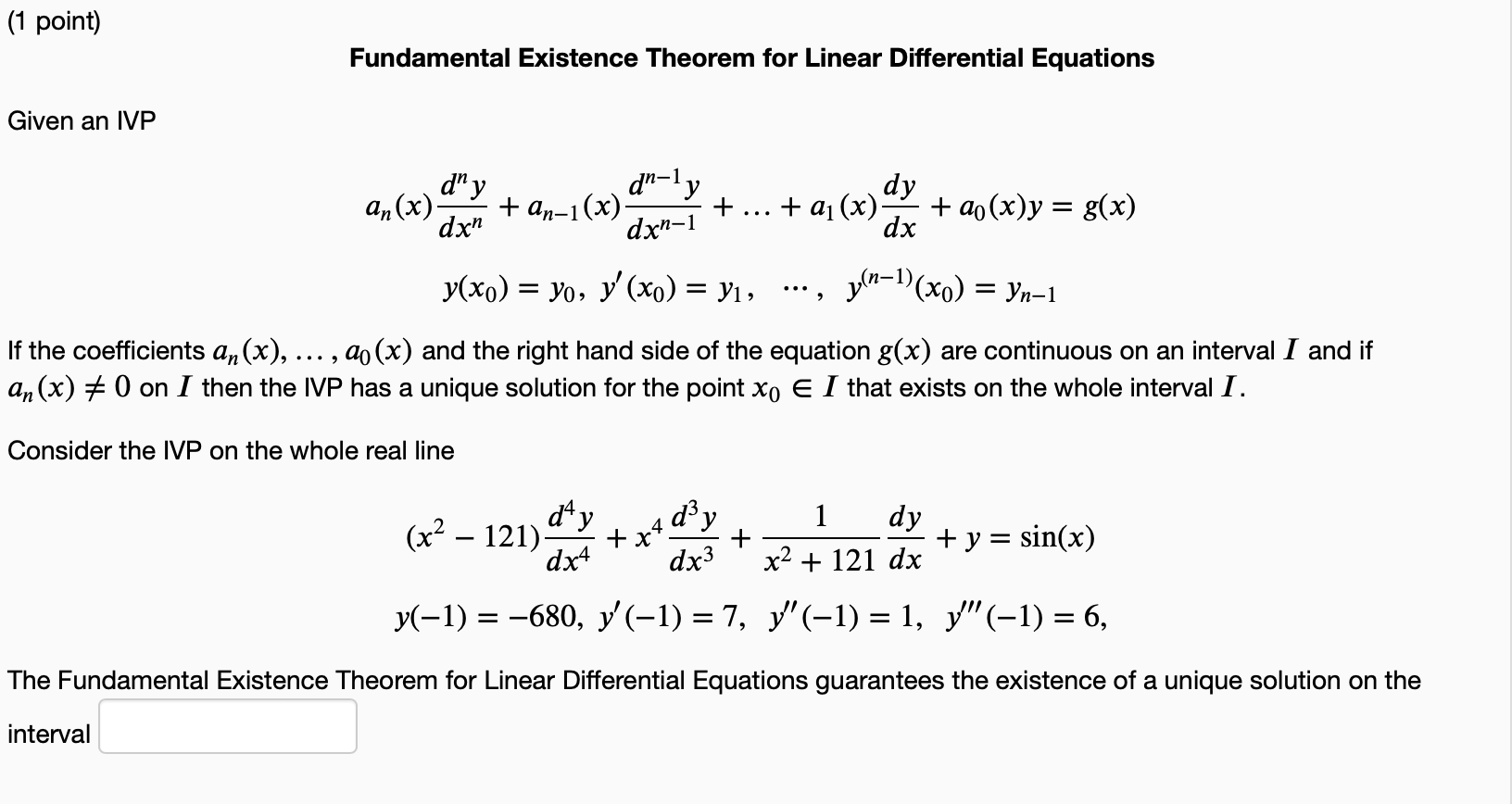 Solved (1 point) Fundamental Existence Theorem for Linear | Chegg.com