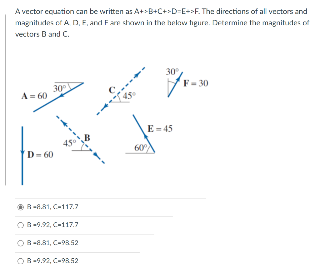 Solved A vector equation can be written as A+>B+C+>D=E+>F. | Chegg.com
