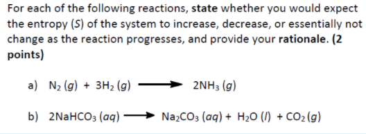 Solved For each of the following reactions, state whether | Chegg.com