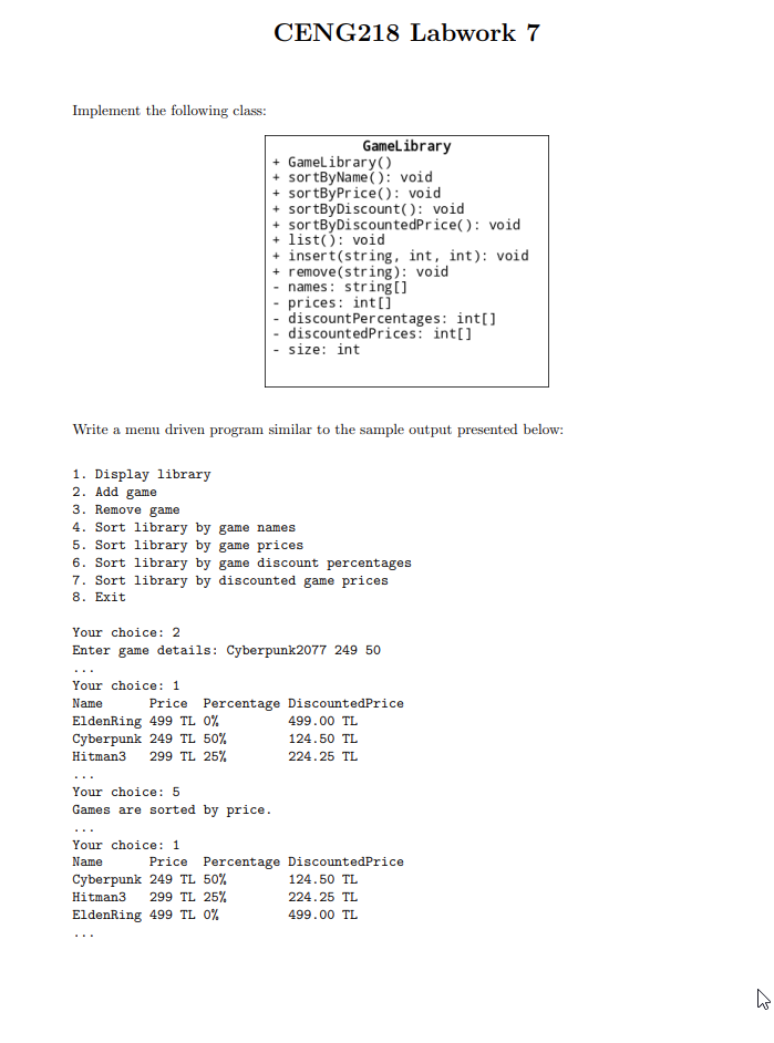 Solved CENG218 Labwork 7 Implement the following class: | Chegg.com