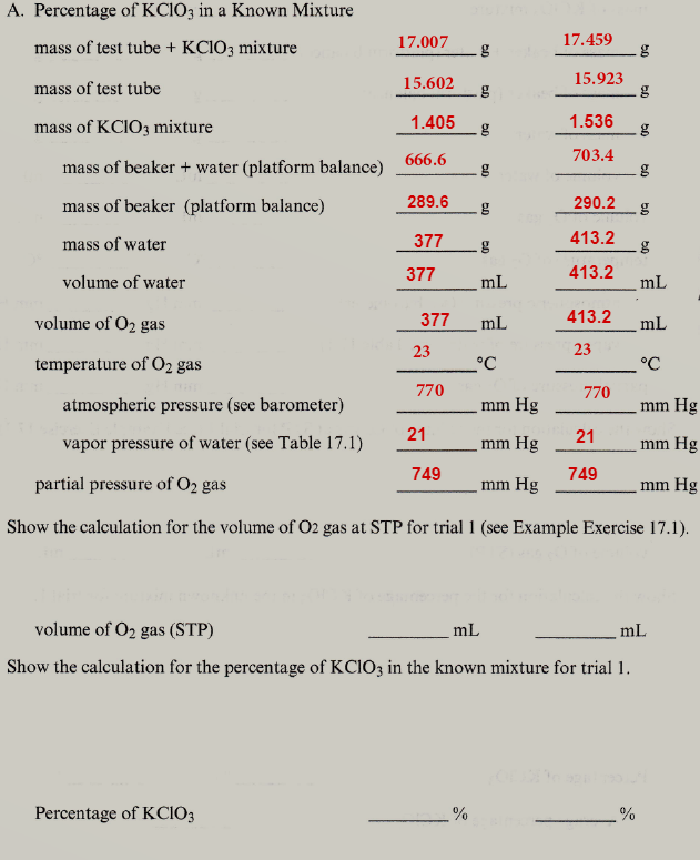 Solved A. Percentage of KCIO3 in a Known Mixture mass of | Chegg.com