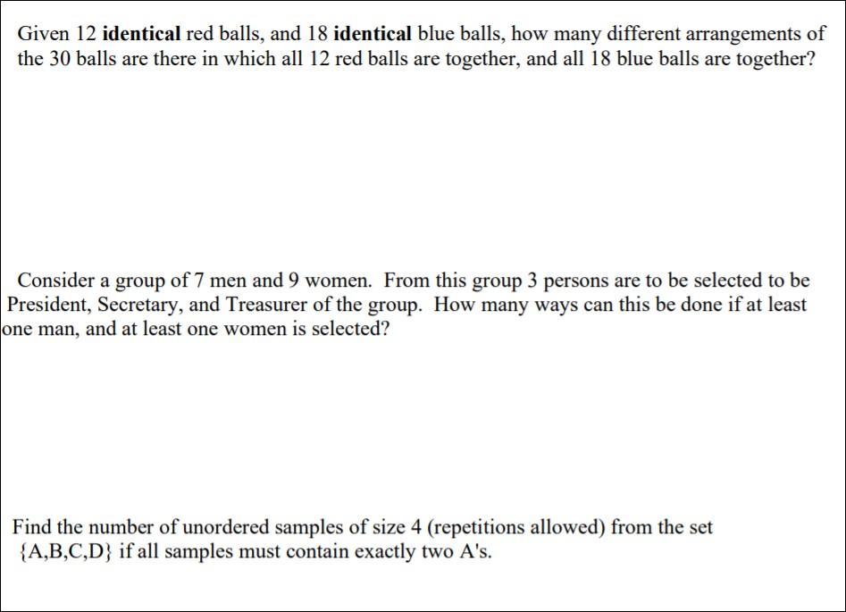 Solved Given 12 identical red balls, and 18 identical blue | Chegg.com