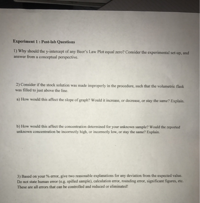 Solved Experiment 1 : Post-lab Questions 1) Why should the | Chegg.com