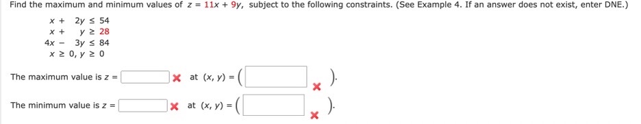 Find the maximum and minimum values of z = 11x + 9y, | Chegg.com