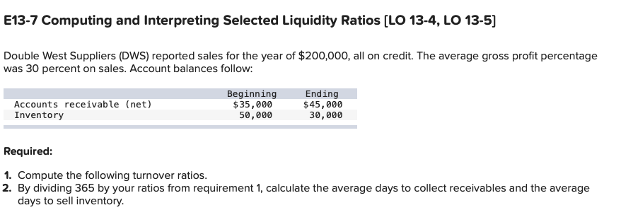 Solved E13-7 Computing and Interpreting Selected Liquidity | Chegg.com