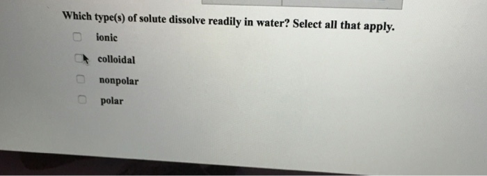 Solved Which type(s) of solute dissolve readily in water? | Chegg.com
