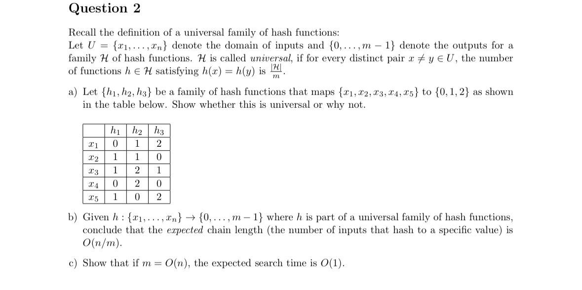 Solved Recall the definition of a universal family of hash | Chegg.com