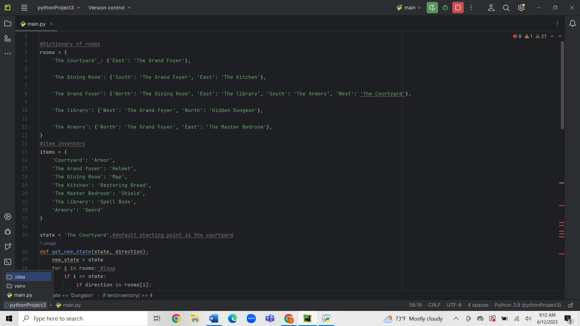 CODE for my Game doesn't let me change rooms. The | Chegg.com