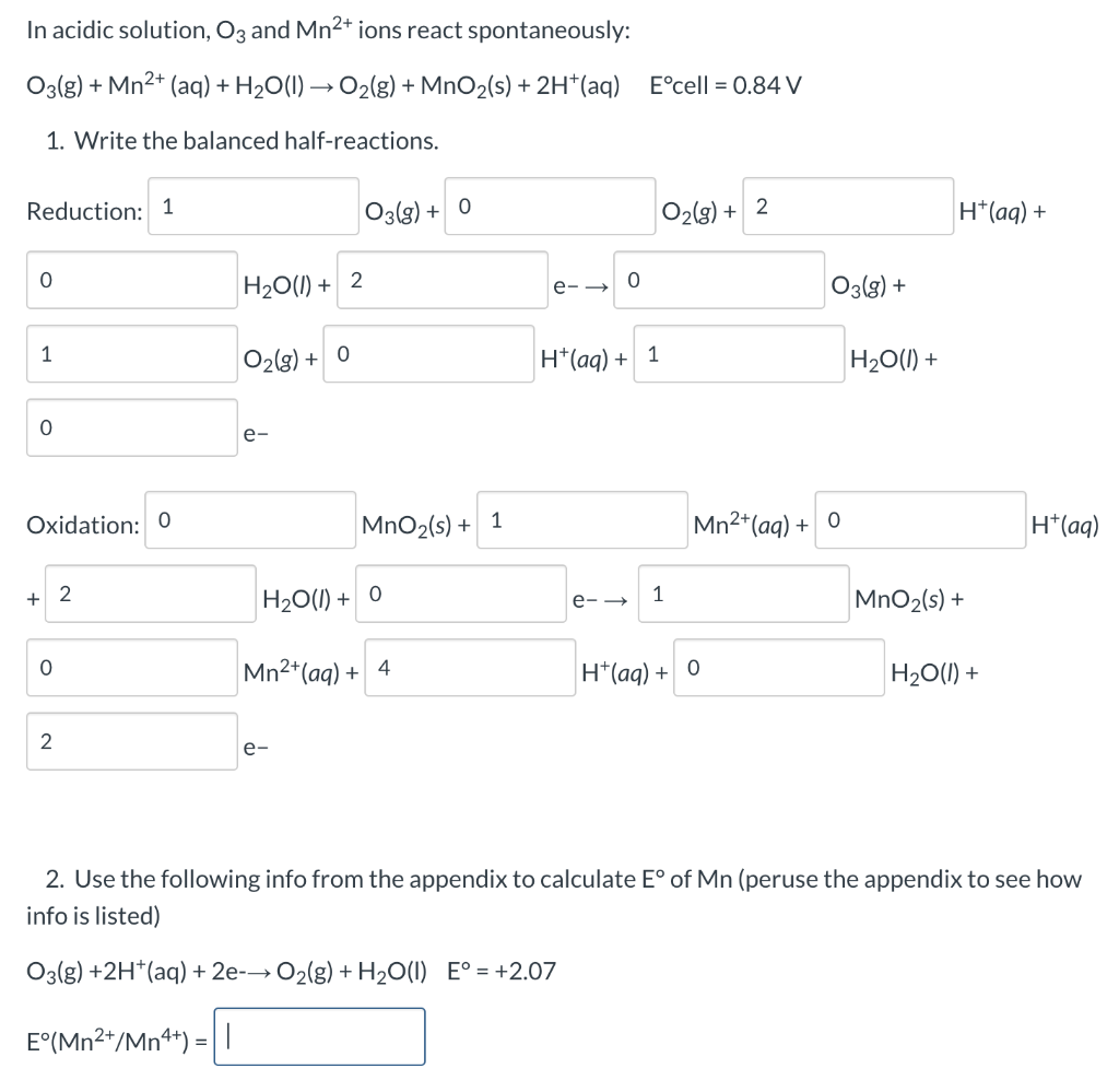 Solved In acidic solution, O3 and Mn2+ ions react | Chegg.com