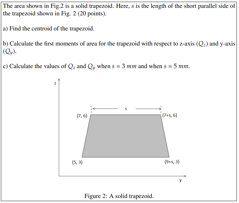 Solved The area shown in Fig.2 is a solid trapezoid. Here, s | Chegg.com