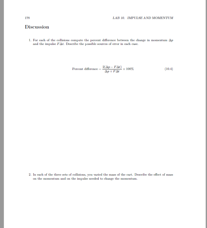 Solved 178 LAB 10. IMPULSE AND MOMENTUM Discussion 1. For | Chegg.com