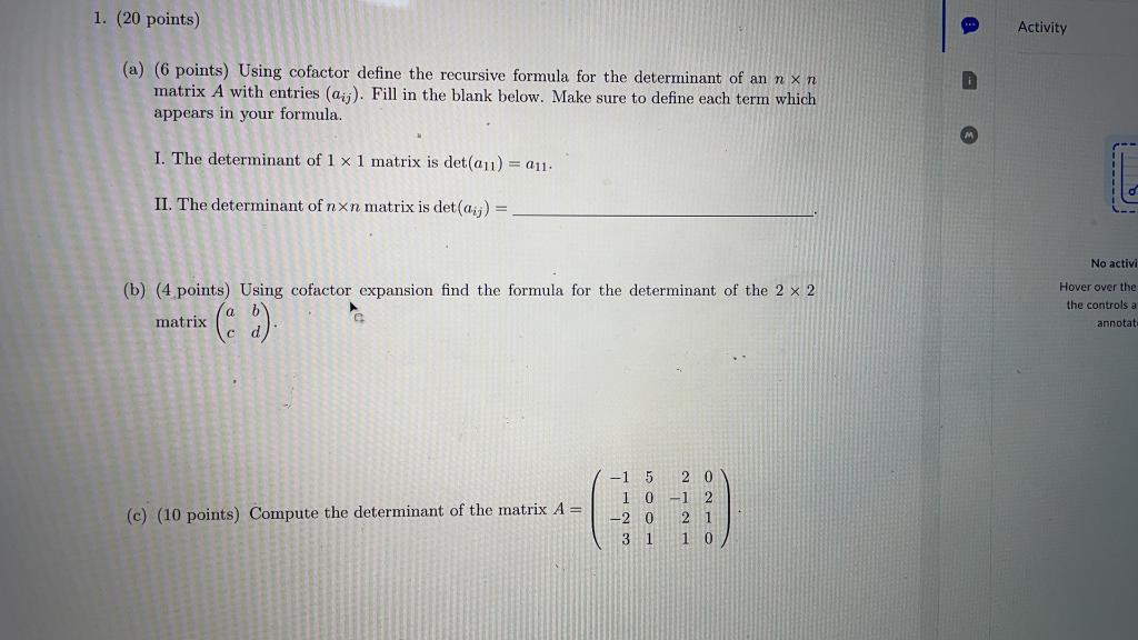 Solved 1. (20 points) Activity (a) (6 points) Using cofactor | Chegg.com