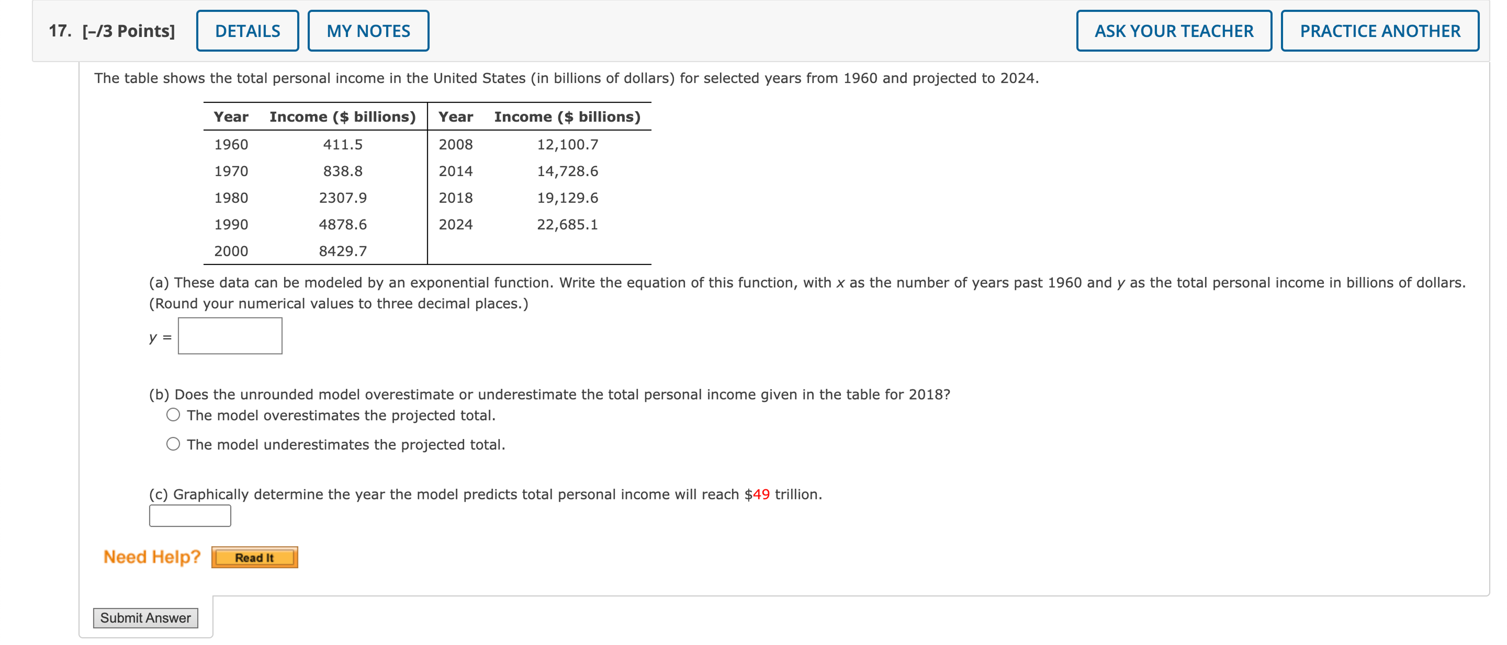 Solved The table shows the total personal income in the | Chegg.com