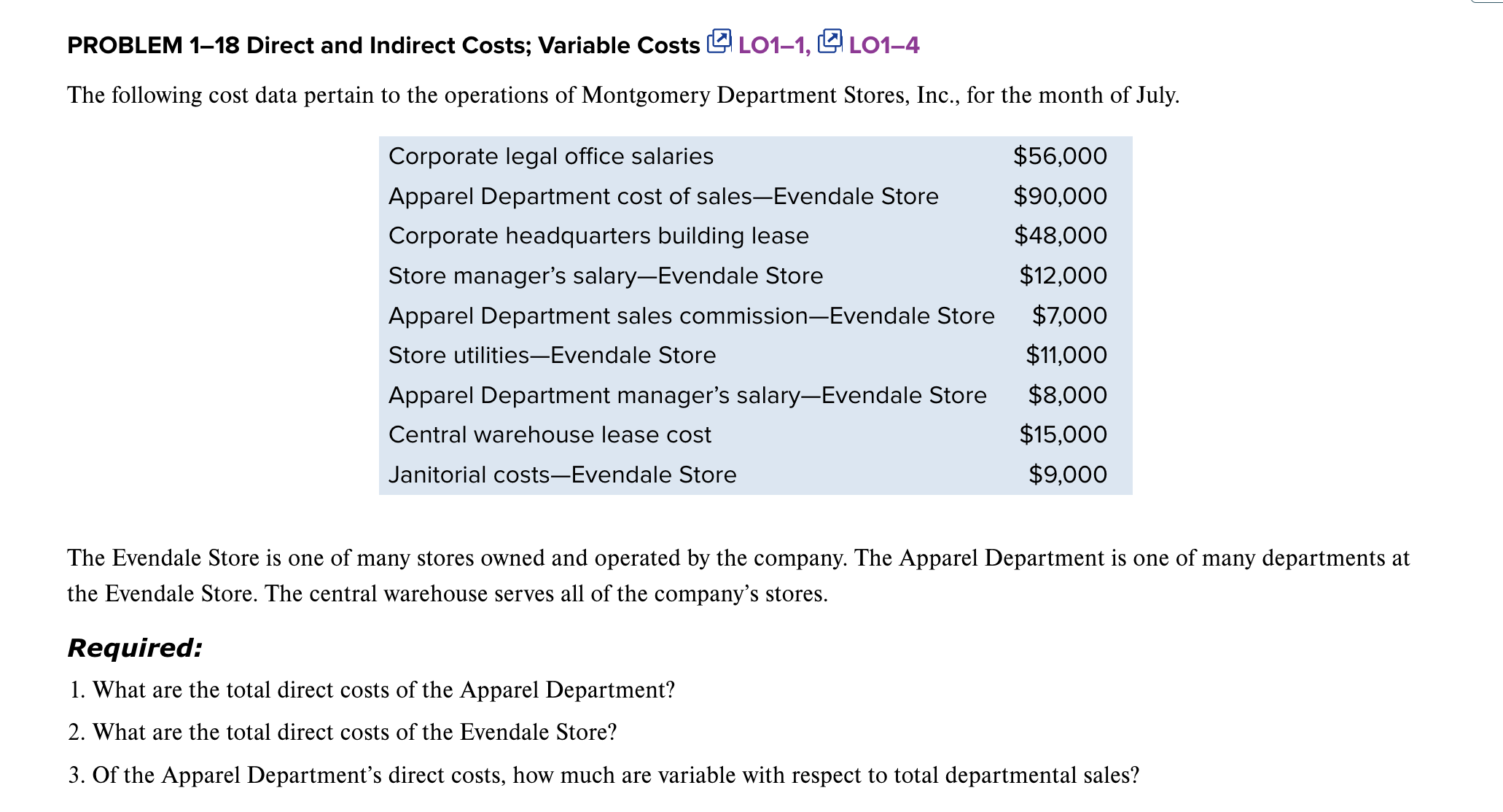 Solved PROBLEM 1-18 ﻿Direct and Indirect Costs; Variable | Chegg.com