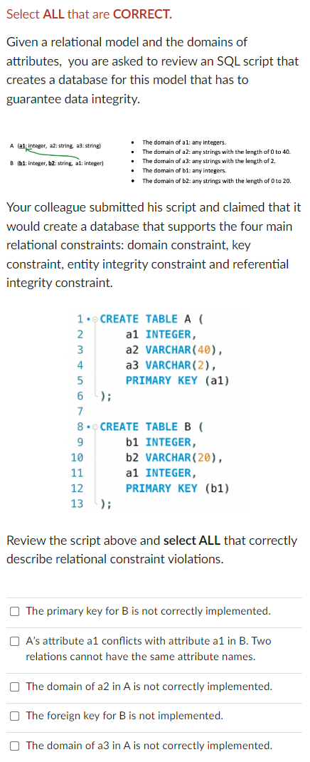 Solved Select ALL that are CORRECT. Given a relational model | Chegg.com