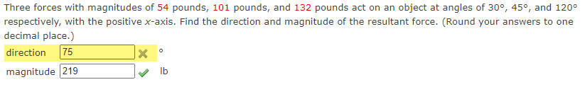 Solved Three forces with magnitudes of 54 pounds, 101 | Chegg.com