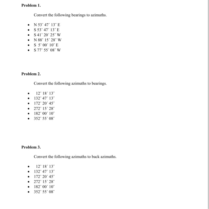 Solved Problem1 Convert the following bearings to azimuths N | Chegg.com