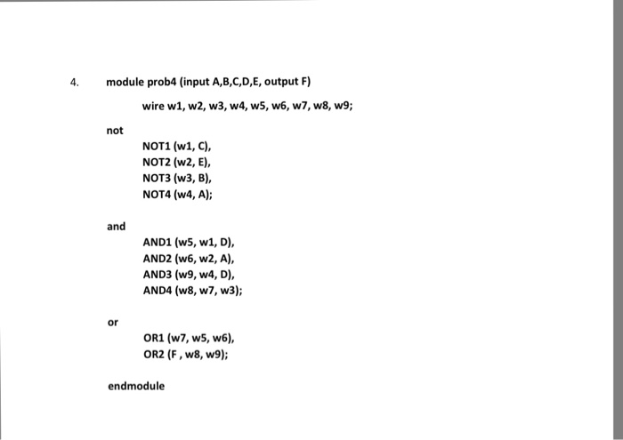 Solved 4. module prob4 (input A,B,C, D,E, output F) wire w1, | Chegg.com