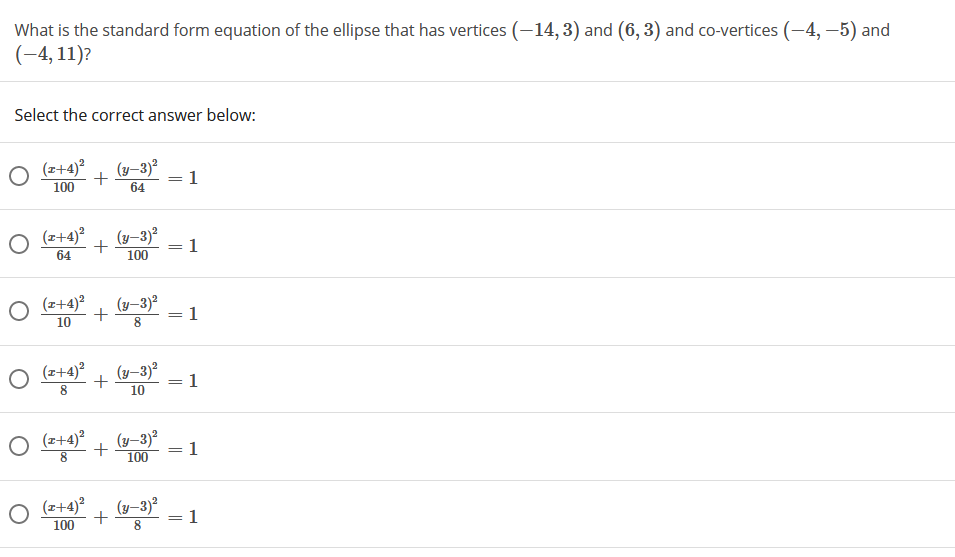 Solved What Is The Standard Form Equation Of The Ellipse Chegg