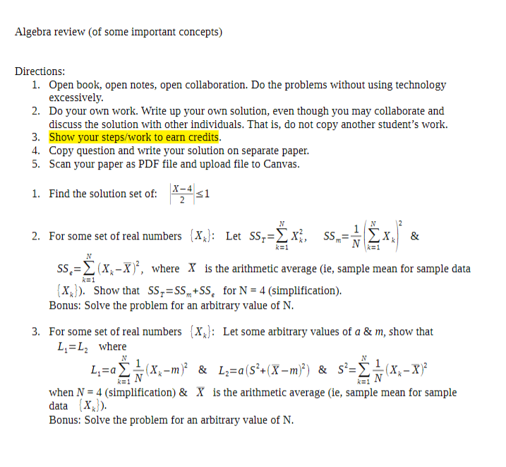 Algebra review (of some important concepts) | Chegg.com