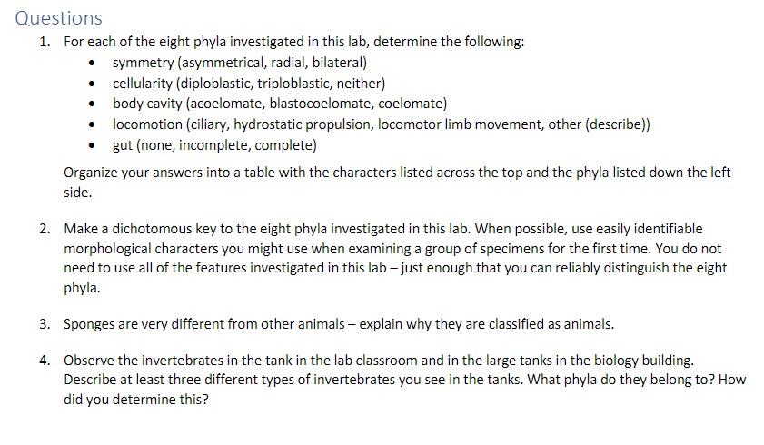 Solved We will focus on eight major invertebrate phyla for | Chegg.com