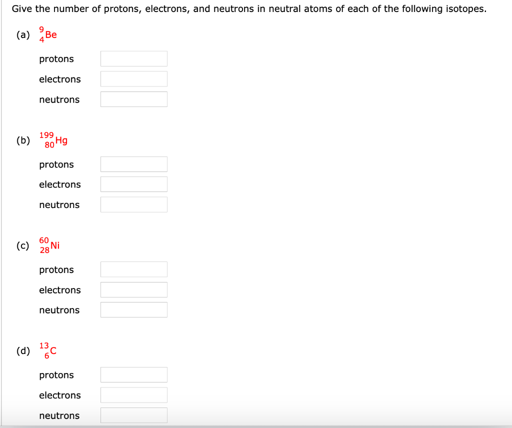 Solved Give the number of protons, electrons, and neutrons | Chegg.com