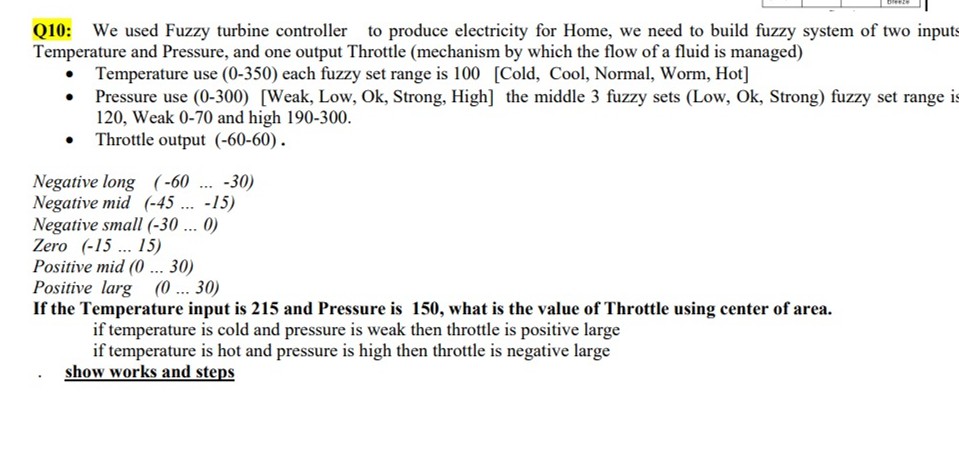 Solved Q10: We used Fuzzy turbine controller to produce | Chegg.com