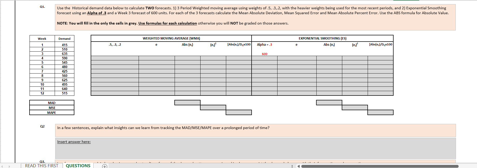 Solved NOTE: You will fill in the only the cells in grey. | Chegg.com