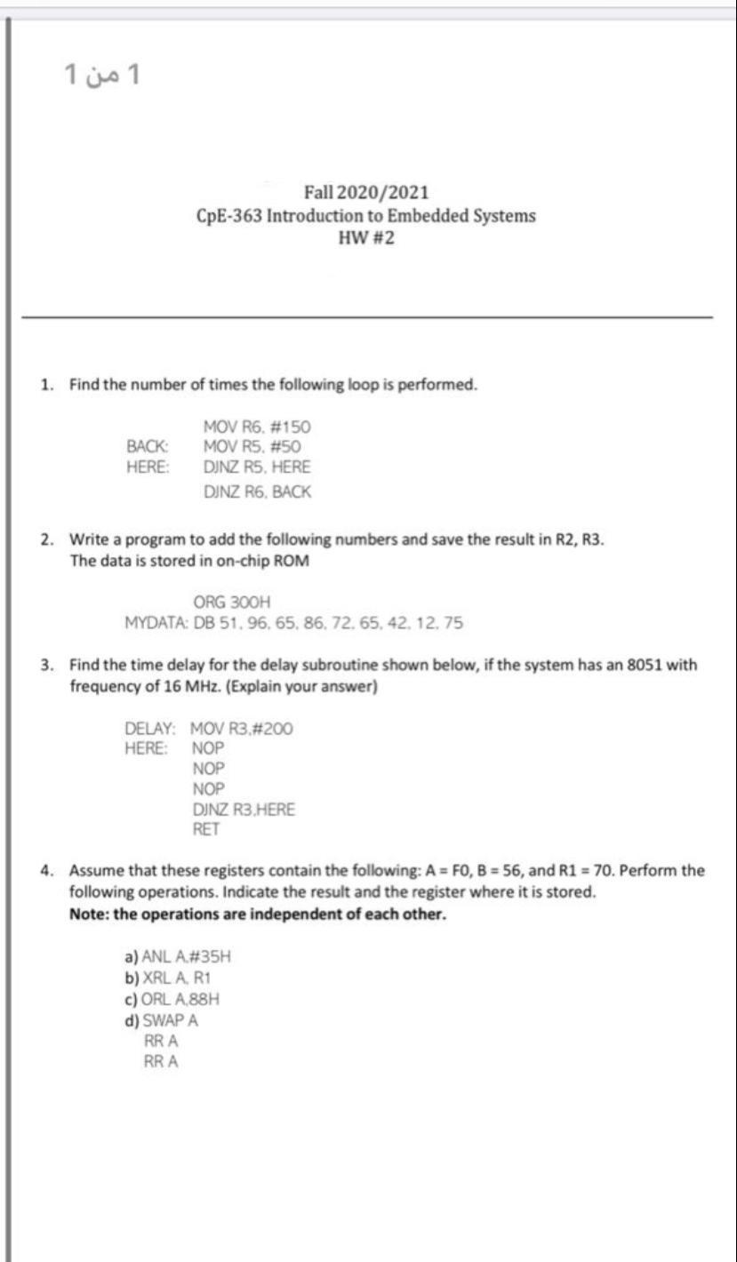 Solved 1 من 1 1 Fall 2020/2021 CpE-363 Introduction to | Chegg.com