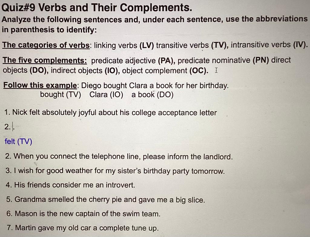Quiz\#9 Verbs and Their Complements. Analyze the | Chegg.com